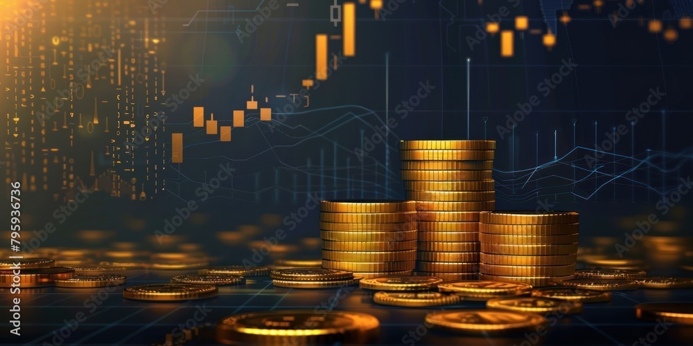 Business-themed wallpaper with stacks of gold coins and money icons on ...