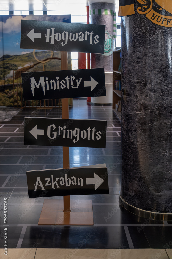 Sign with direction arrows Hogwarts Ministry Gringotts Azkaban at the ...