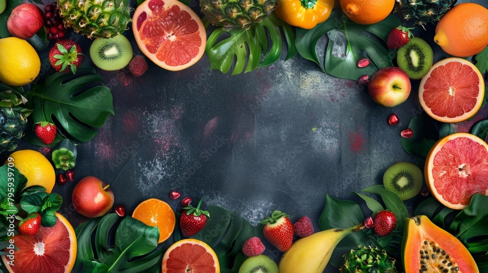 Colorful fruits border on black background - Vibrant, fresh assorted ...