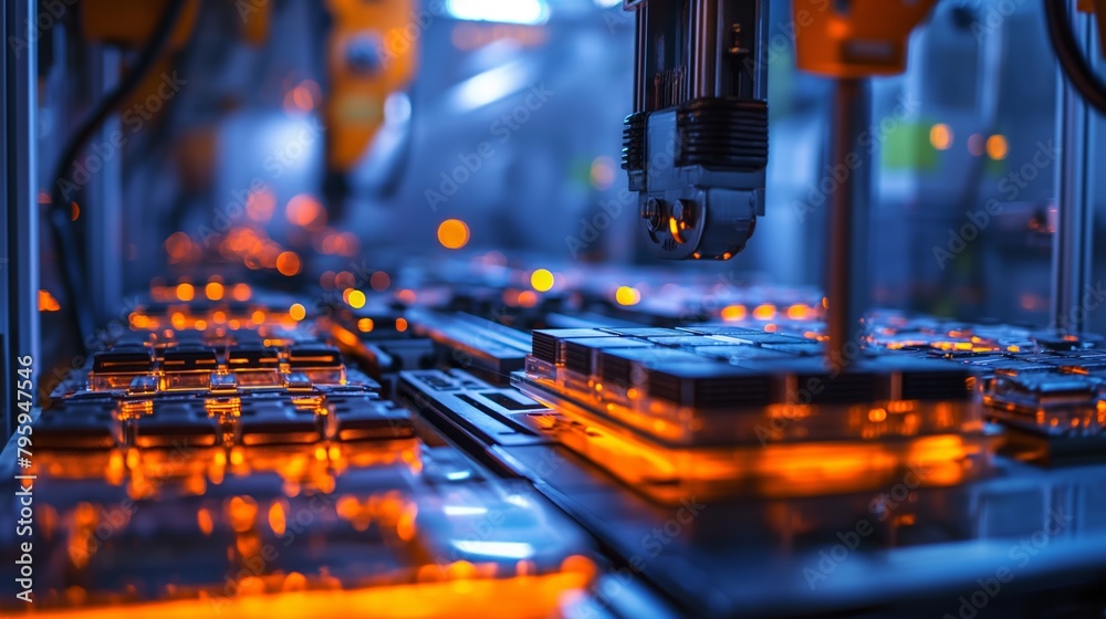close-up perspective of an assembly line manufacturing electric vehicle ...