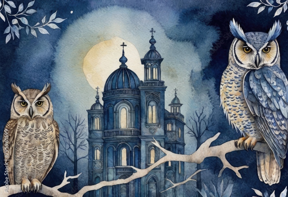 vintage wallpaper with a pattern of owls in various shades of twilight ...