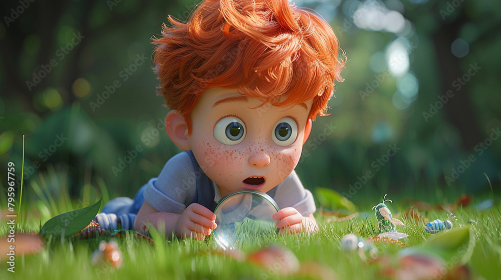 A curious cartoon kid with bright red hair, playing in garden grass ...