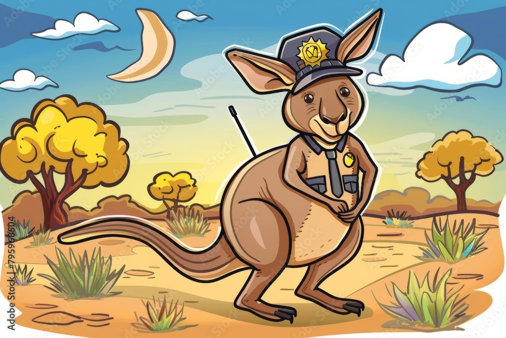 Cartoon cute doodles of a brave police officer kangaroo hopping through ...