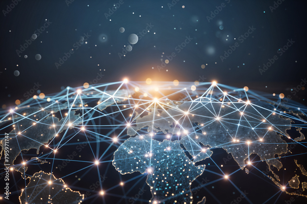 A stylized map of a digital network with interconnected nodes and links ...