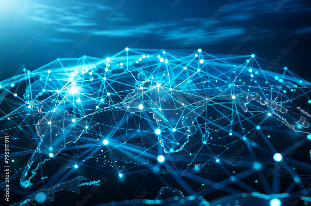 A stylized map of a digital network with interconnected nodes and links ...