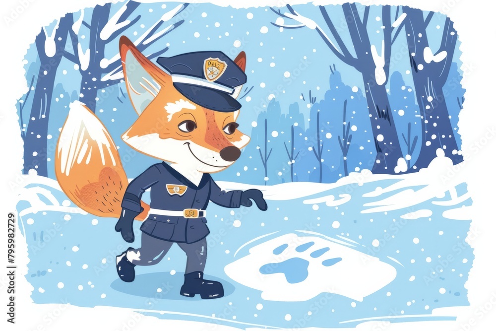 Cartoon cute doodles of a determined police officer fox investigating a ...