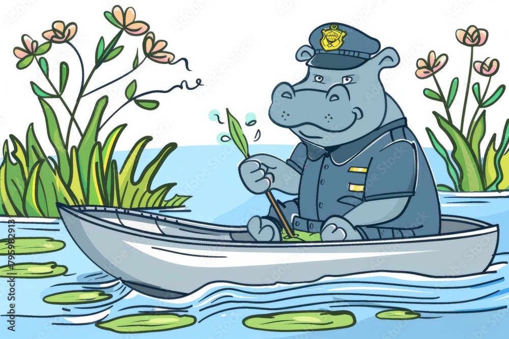 Cartoon cute doodles of a determined police officer hippo patrolling ...