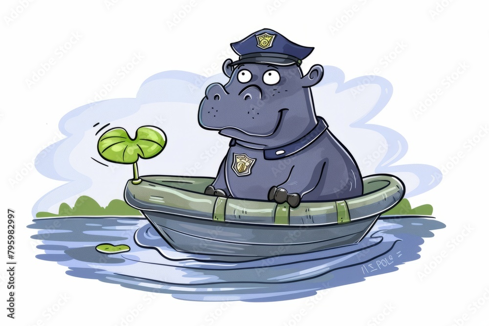 Cartoon cute doodles of a determined police officer hippo patrolling ...
