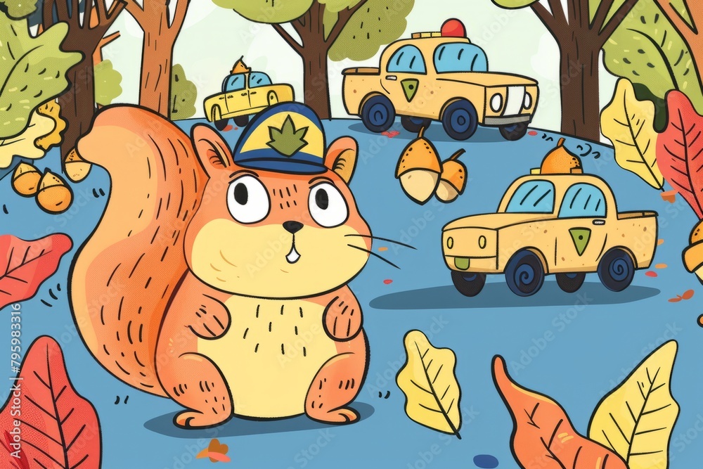 Cartoon cute doodles of a diligent police officer squirrel directing a ...