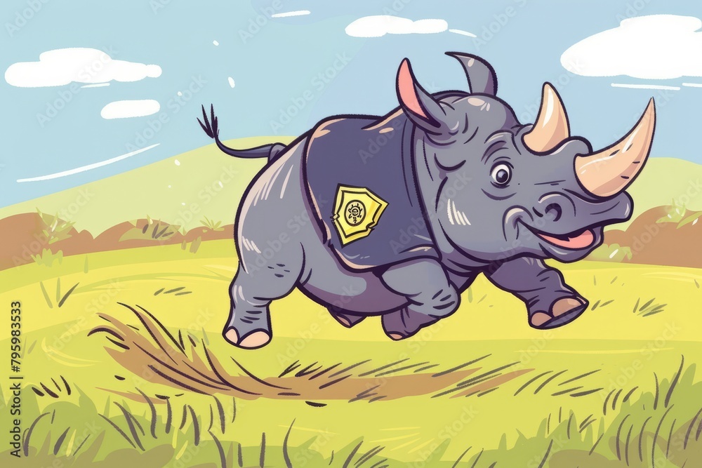 Cartoon cute doodles of a fearless police officer rhinoceros charging ...