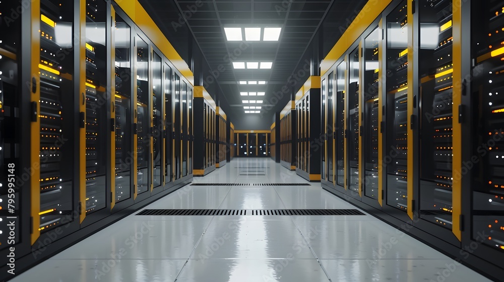 Rows of server racks, cooling systems, and redundant power supplies ...