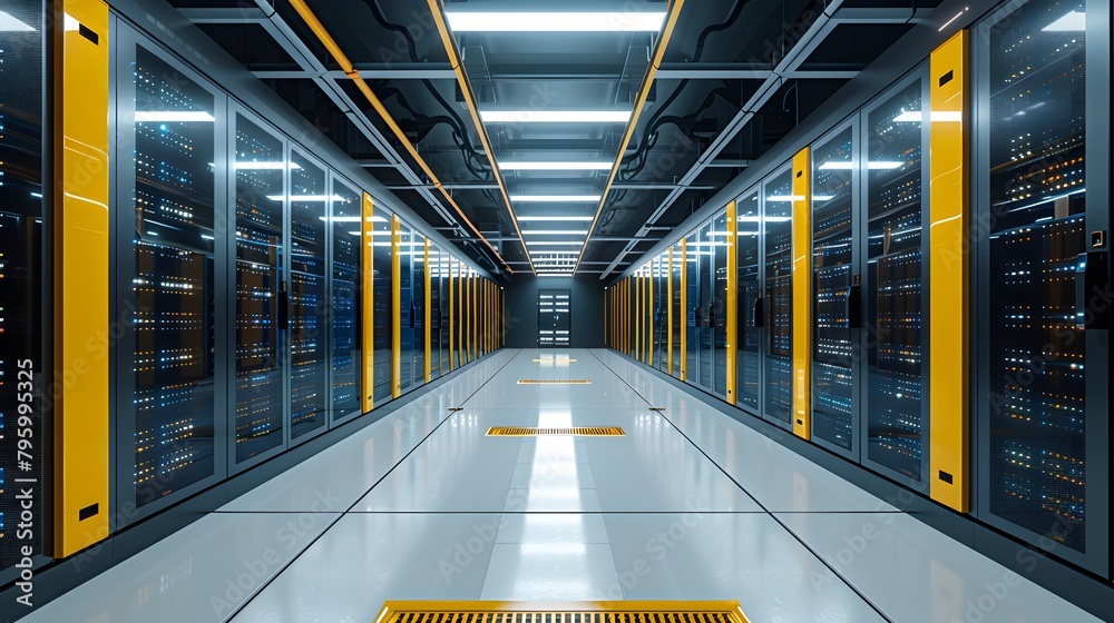 Rows of server racks, cooling systems, and redundant power supplies ...