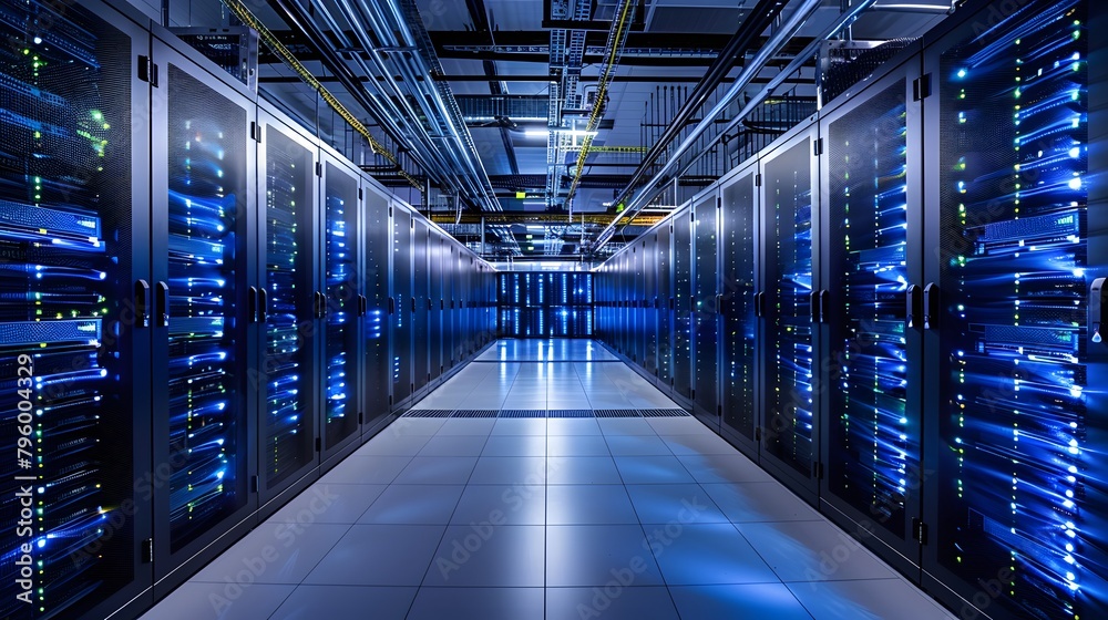 A state-of-the-art data center equipped with rows of server racks, advanced cooling systems, and ...