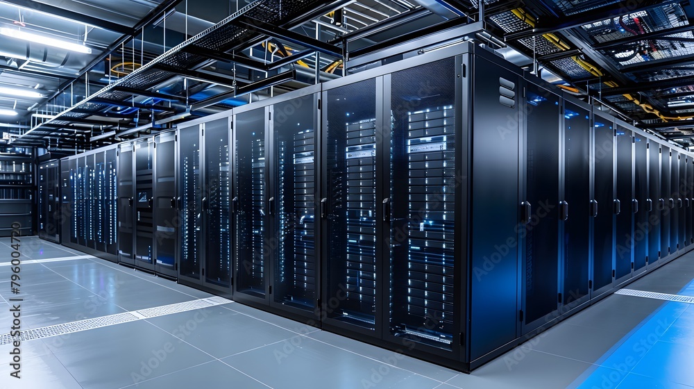 A state-of-the-art data center equipped with rows of server racks ...