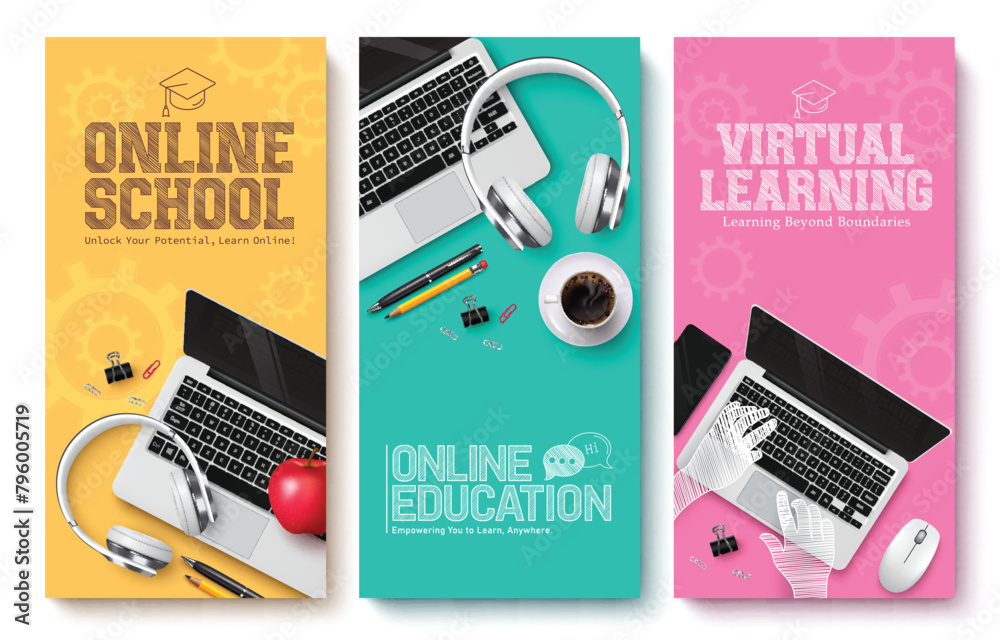 Online school education vector poster set design. Back to school online ...