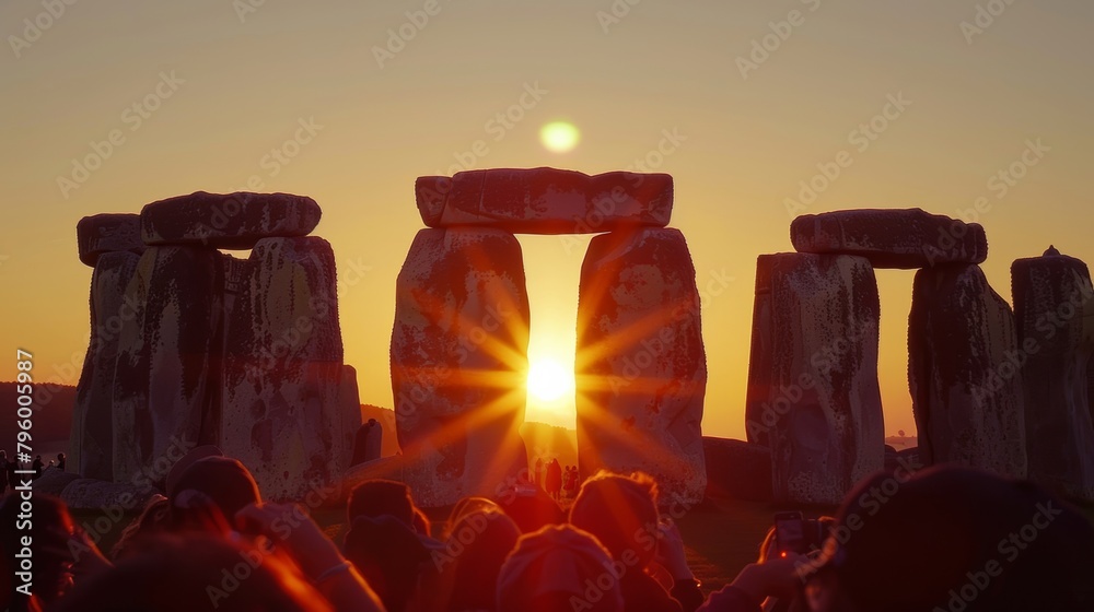 The sun rising behind the ancient monument of Stonehenge during the ...
