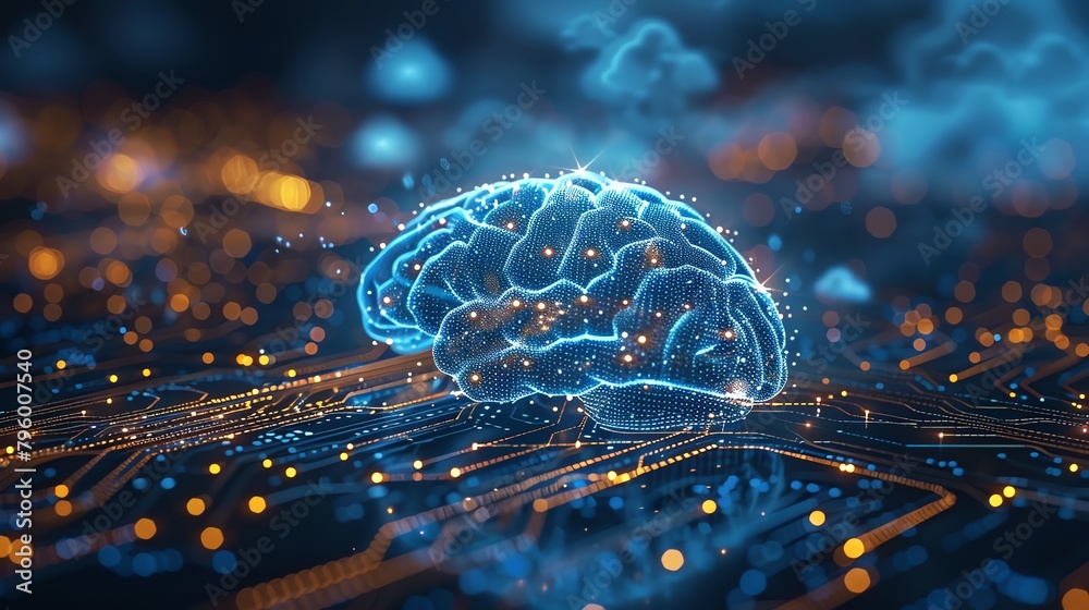 Human brain made of circuit boards, with cloud icons representing ...