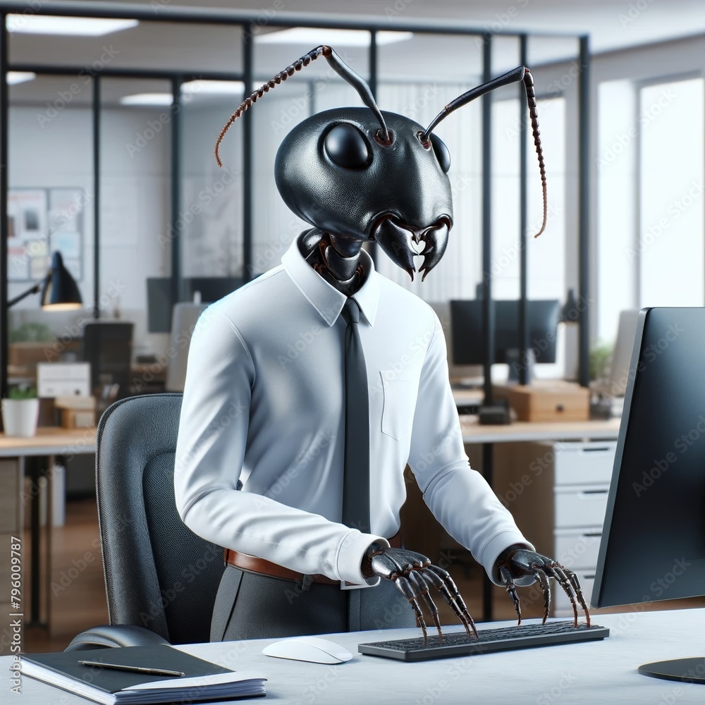 An ant wearing a white collar shirt and tie is sitting at a desk in an ...