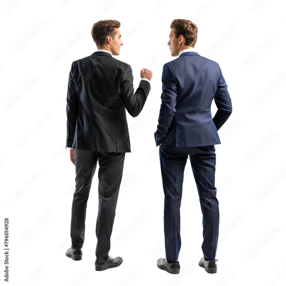 full body back view of two businessman pointing over something on ...