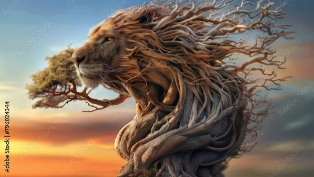 Majestic lion-shaped tree silhouetted against a vibrant sunset sky, its ...