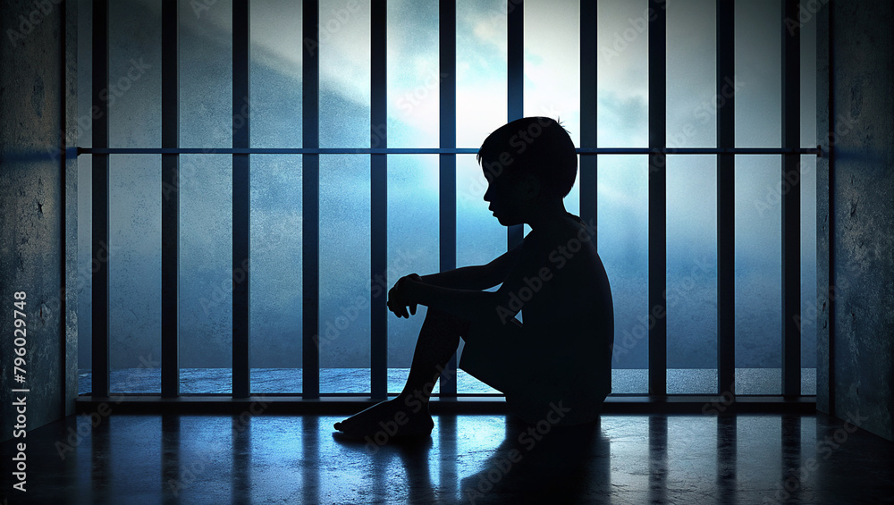 Silhouette innocent child sitting in the jail lonely and suffering ...