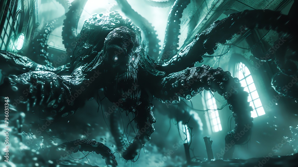 Capture a chilling horror scene, merging underwater elements with eerie ...