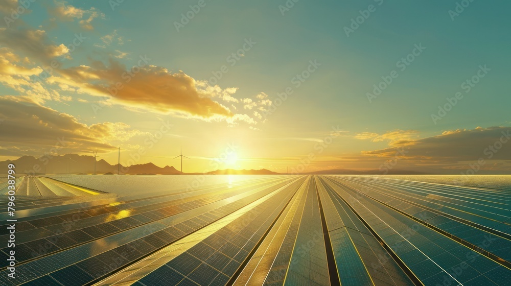solar power plant converting sunlight into electricity, with rows of ...