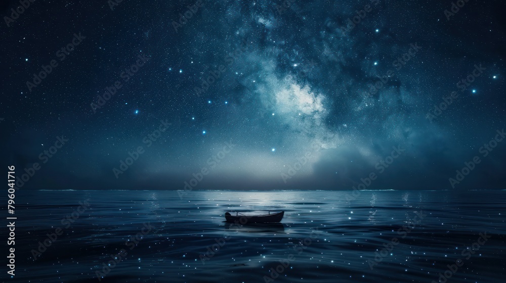 lone fishing boat bobbing gently on the waves amidst a vast, starlit ...