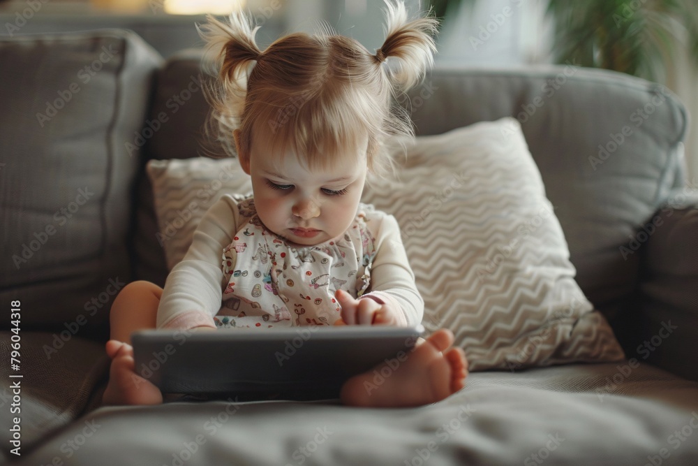 Cute little toddler girl playing with tablet pc at home. Healthy baby ...