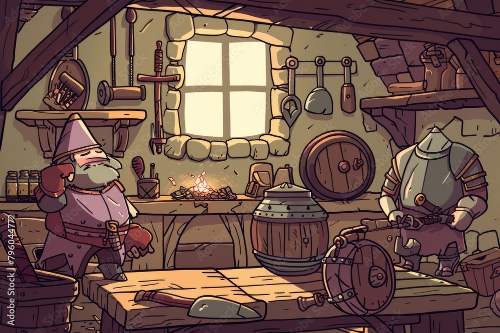 Cartoon cute doodles of a humble blacksmith forging weapons and armor ...