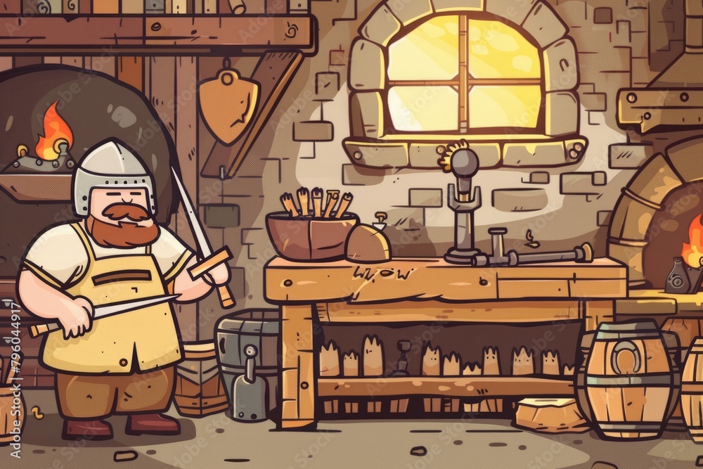 Cartoon cute doodles of a humble blacksmith forging weapons and armor ...