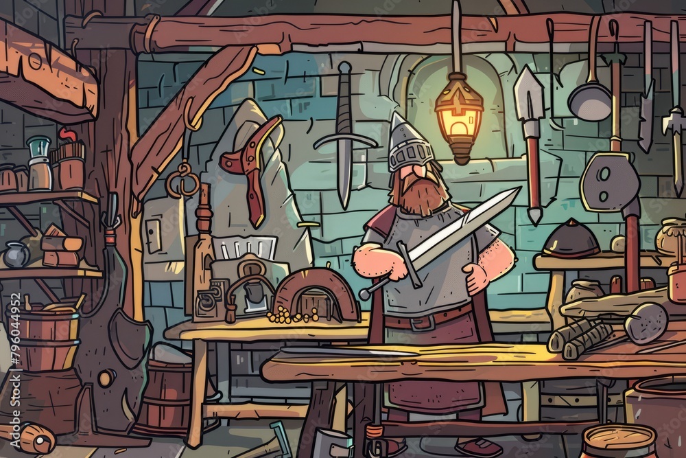 Cartoon cute doodles of a humble blacksmith forging weapons and armor ...