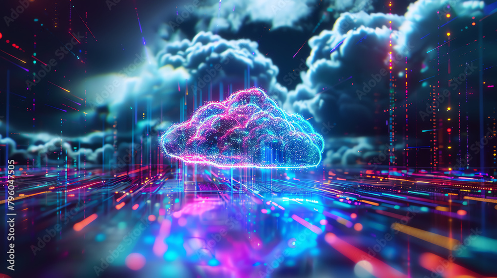 A digital representation of a cloud server environment in 3D, with ...