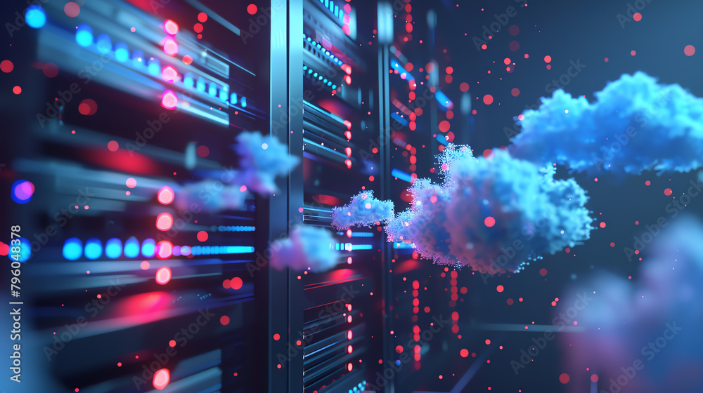 A visually striking digital representation of a cloud server, rendered ...