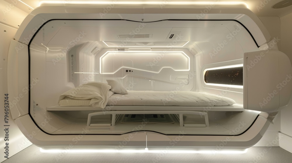 Elegant cold sleep pod aboard a spacecraft, with a stark white ...