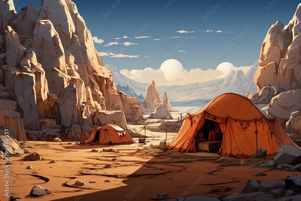 wide desert sand battle map with a rock with arabic science fiction ...