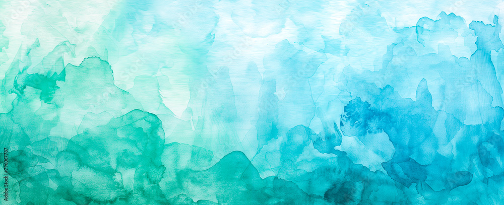 Blue teal watercolor paint splash, blotch background with fringe bleed ...