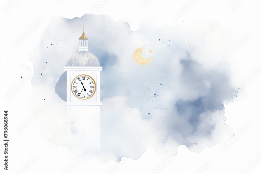 A watercolor painting of a clock tower at night. The clock tower is ...