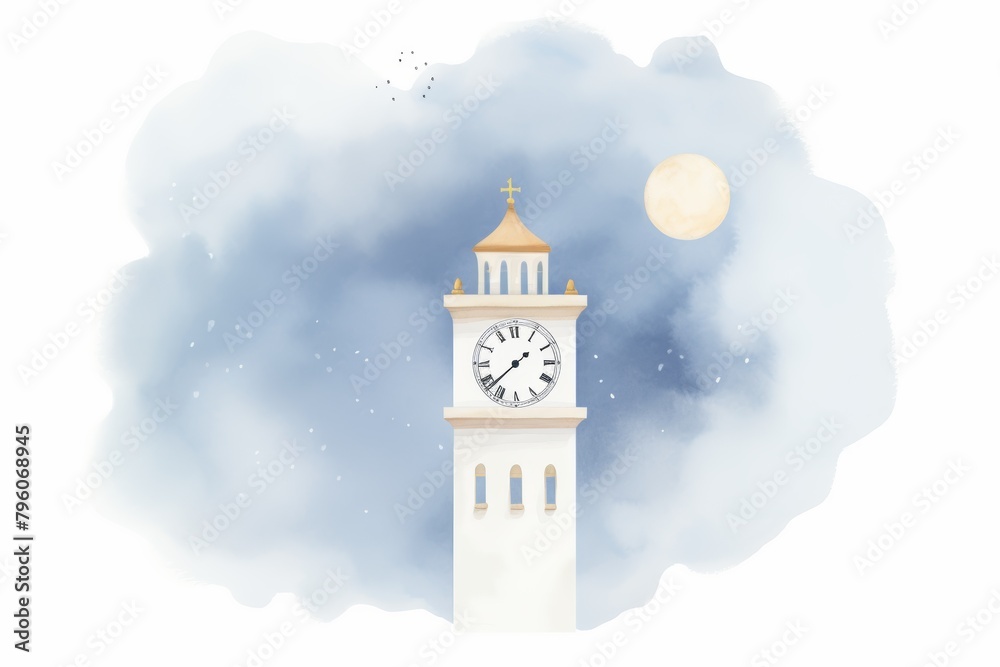 A watercolor painting of a clock tower at night. The clock tower is in ...