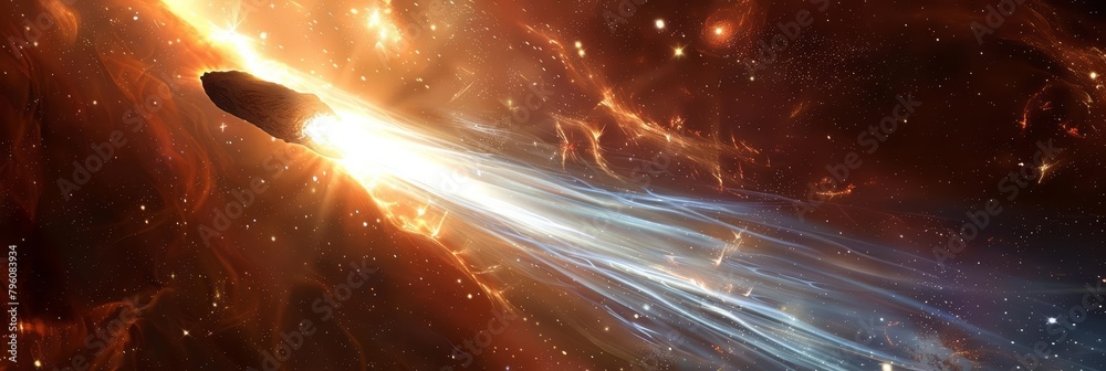 A comet races through space, its tail of ice and dust illuminating like ...