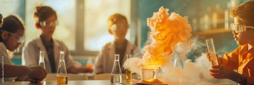 In a vibrant classroom setting, students set up a classic science ...