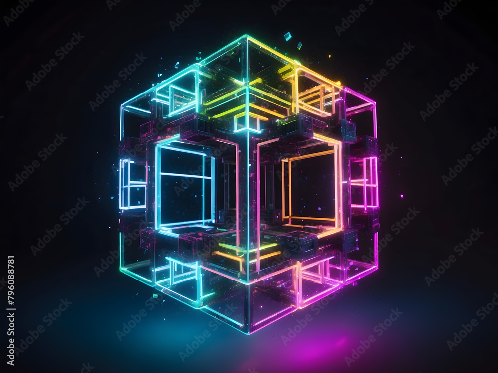 Hypercube Tesseract neon glowing math solid shape, stunning beauty of ...