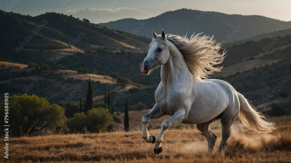 A regal Andalusian stallion striking a dramatic pose against a backdrop ...