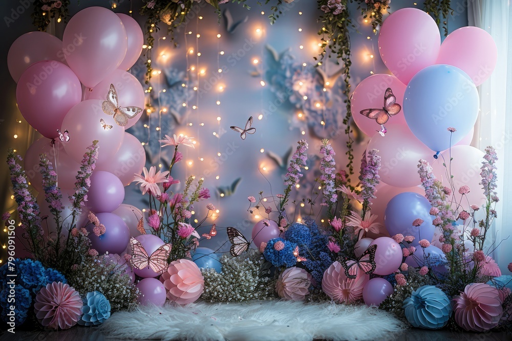 Backdrop for butterfly theme birthday party, lots of balloons and ...