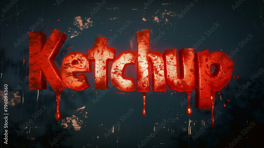 The word "Ketchup" creatively written in rich, red ketchup on a dark ...