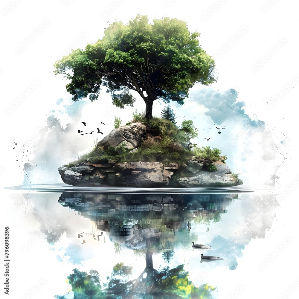 tree in water on white background, Watercolor Tree on a Floating Island ...