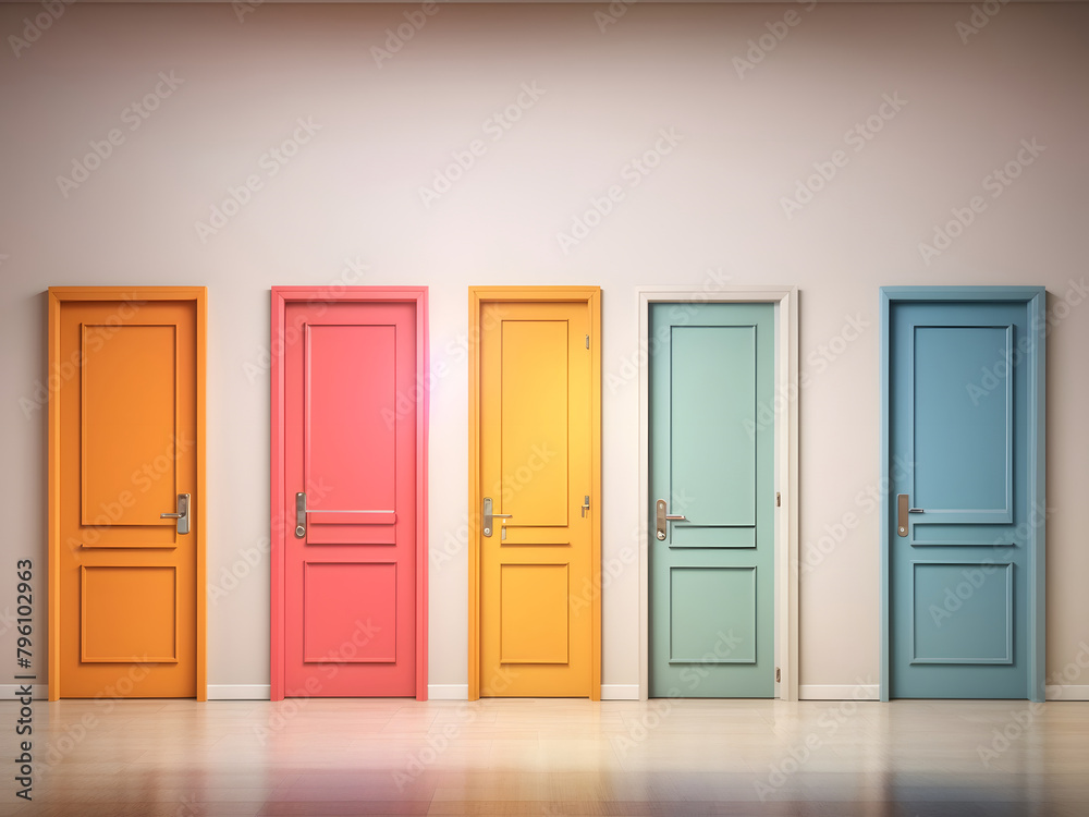 Five doors with empty walls. Five colourful doors on an isolated light ...