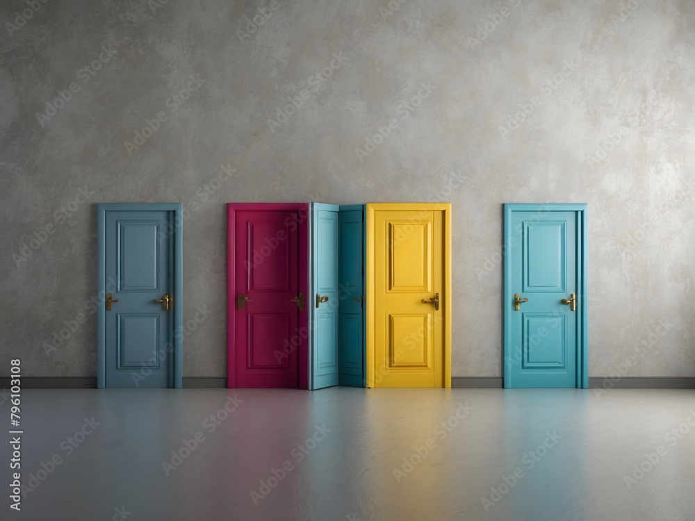 Five doors with empty walls. Five colourful doors on an isolated light ...