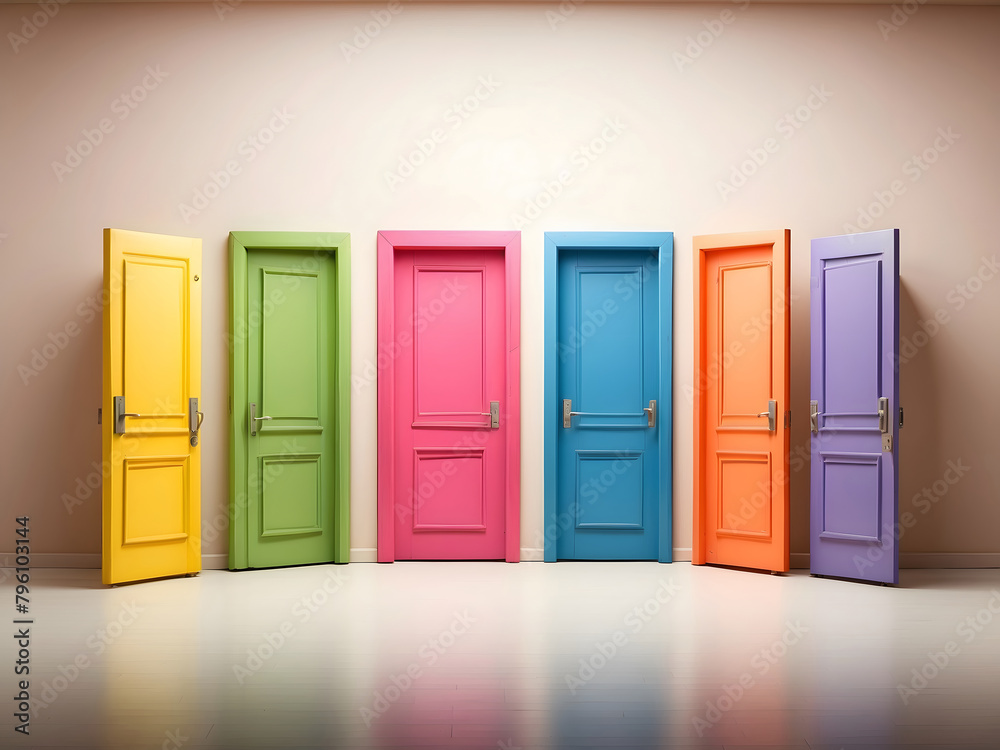 Five doors with empty walls. Five colourful doors on an isolated light ...