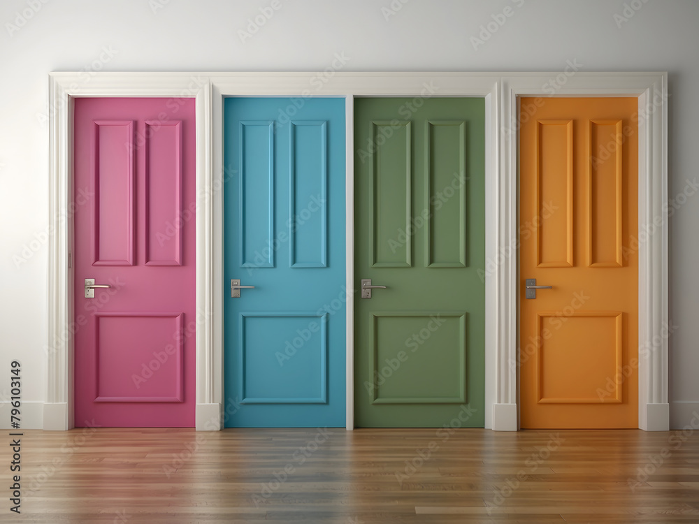 Five doors with empty walls. Five colourful doors on an isolated light ...